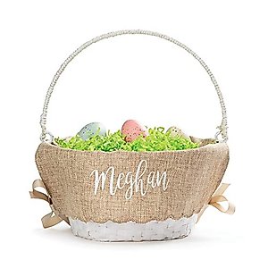 Personalized Easter Egg Basket with Handle and Custom Name in White Script | Scallop Edge Burlap Easter Basket Liners | White Basket | Woven Easter Baskets for Kids Adults | Customized Easter Basket
