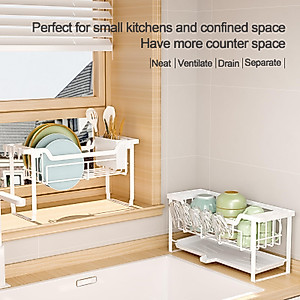 KOSIWU Dish Rack with Drainboard, Organizes Dishes and Bathroom Items for Narrow Spaces, Two-Story Drying Rack Fits 12 Plates 12 Bows 5 Glasses 4 Hooks and Some Cutlery, White