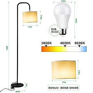 Floor Lamp Standing Floor Arc Floor Lamps Rotated Head 9W 3CCT LED Bulb Mid Century,Modern Standing Lamp Modern Lamp for Living Room Bedroom Office -Linen Lampshade Arched Tall Pole Bright Lamp Black