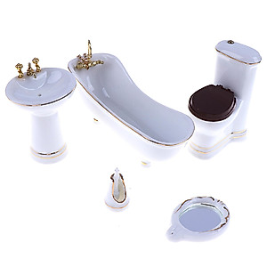 1:12 Dollhouse Miniature Porcelain Bathroom Set 5 PCS White Ceramic Toilet Basin Bathtub Mirror Miniature Furniture Doll Accessories for Bathroom Cake Topper Toy Fairy House Furniture Miniature Toys