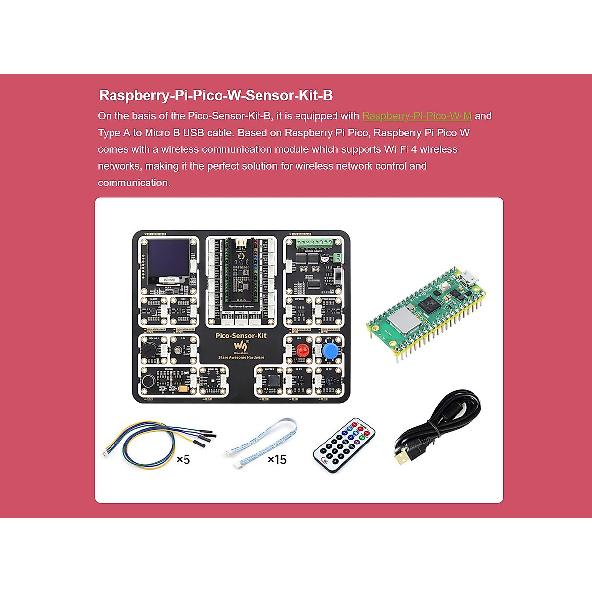 waveshare Sensor Kit for Raspberry Pi Pico W, Including Pico Expansion Board, and LED, Button, Buzzer, etc. 15 Common Modules, All-in-one Design, with Raspberry Pi Pico W
