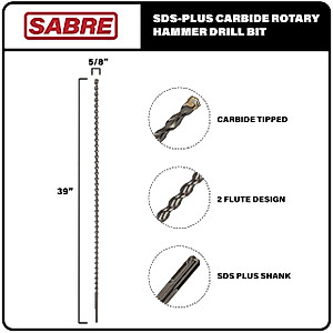 Sabre Tools 5/8 Inch x 39 Inch SDS Plus Rotary Hammer Drill Bit, Carbide Tipped for Brick, Stone, Concrete (5/8" x 37" x 39")