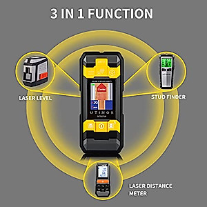 UTINOS 3 in 1 Stud Finder with Laser Level & Laser Measurement Tool Cross Line Laser Level Tool with Rechargable Battery Large Color Backlit Display