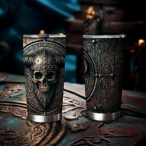 20oz Viking Celtic Warrior Skull Tumbler, Norse Mythology, Viking Gifts for Men, Coffee Thermos for Men, Stainless Steel Double Wall Vacuum Insulated Coffee Mug, Travel Cup with Lid