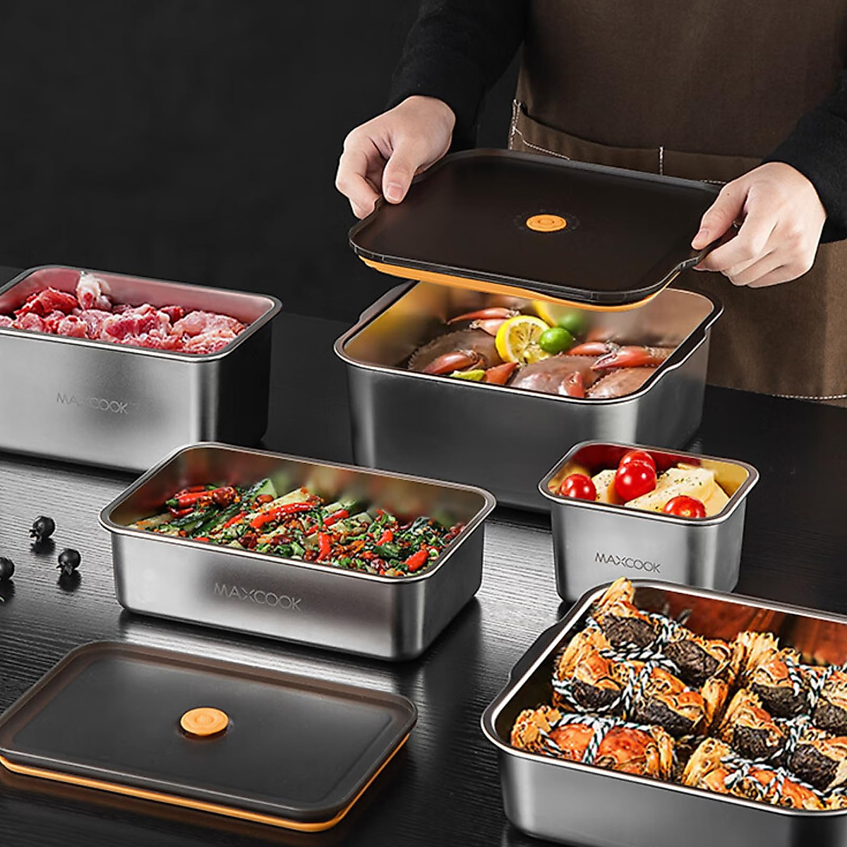 MAXCOOK Large Stainless Steel Food Containers With Lids, 118 oz Food Storage Container set, Leak Proof Metal Food Container Bento Box, Snack Container Set with Lid (Dishwasher & Freezer Safe, 3500 ml)