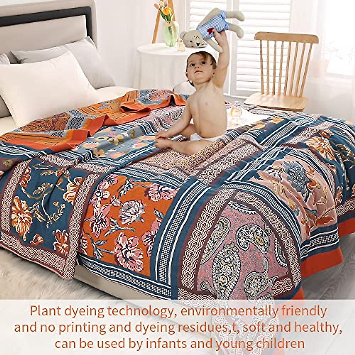 KINBEDY 4 Layers of Gauze Blanket, 100% Cotton Super Soft Boho Lightweight Breathable Bed Blankets Colorful Muslin Throw Blanket for All Seasons, Queen Size,79 x 92 Inches.