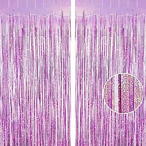 Light Purple Fringe Curtain Backdrop, 2 Pack Tinsel Foil Fringe Curtains Party Decorations Streamers, Xmas Light Purple Metallic Glitter Backdrop for Birthday Wedding Bridal Shower Photo Booth