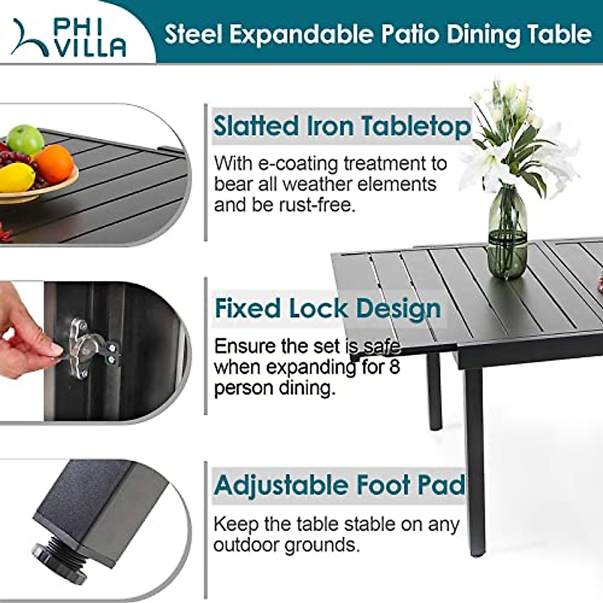 PHI VILLA 9 Piece Outdoor Dining Table Sets, Expandable Rectangular Metal Dining Table and 8 Rattan Chairs for Patio, Deck, Balcony