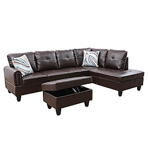 Evedy Faux Leather Sofas & Couches,Modern L-Shaped Modular Couch Upholstered 6 Seaters Sectional Sofa Couch W/Storage Ottoman, Living Room Furniture Set for Small Apartment-Brown