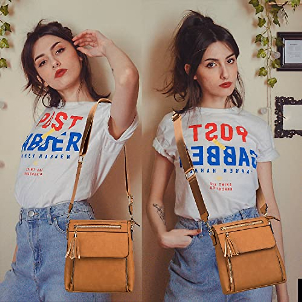 POIUGOYA Crossbody Purses for Women,Leather Medium Shoulder Bag Travel Purses Lightweight with Adjustable Strap and Tassel