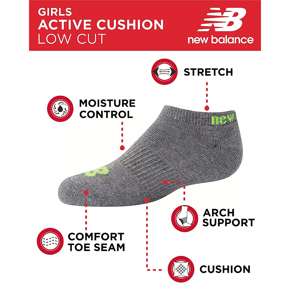 New Balance Girls' Athletic Low Cut Socks with Reinforced Heel and Toe (8 Pack), Size Medium, White Assorted