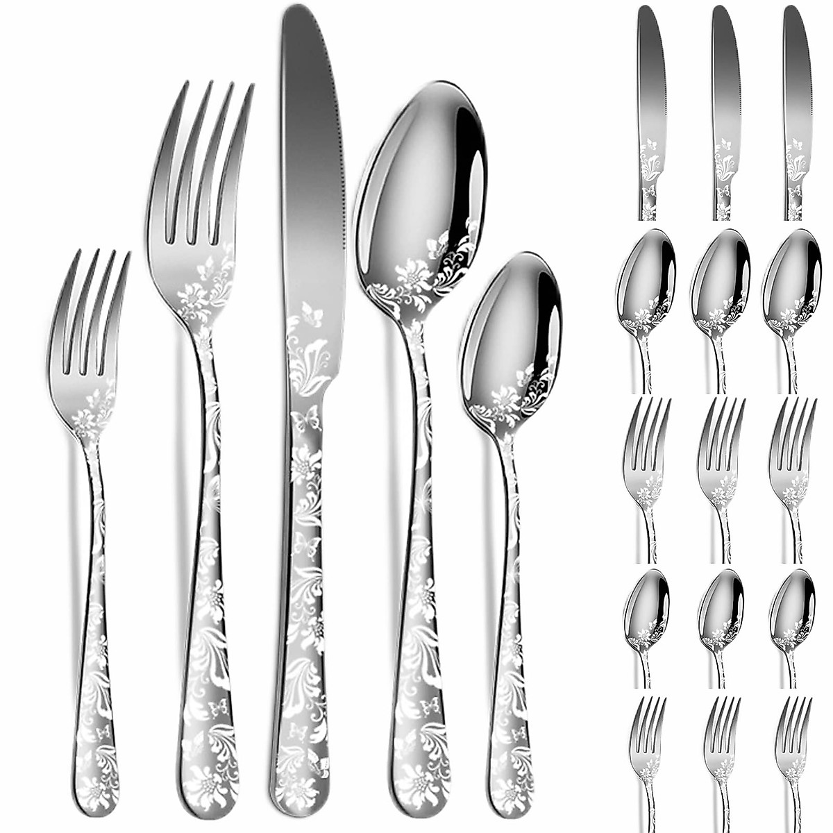 Vilihkc 20 piece Unique Pattern Design Silverware Set, Stainless Steel Flatware Set Service for 4, silver Cutlery Set, Mirror Polished Utensil Set for Kitchen, Dishwasher Safe