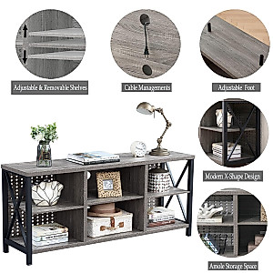 LVB Rustic Entertainment Center for 65 Inch TV, Industrial Wood TV Stand with Media Cabinet Storage, Farmhouse Metal Television Stands Console Table for Home Living Bedroom, Light Grey Oak, 55 Inch