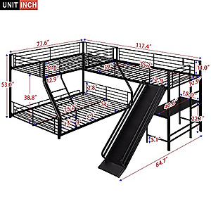 BIADNBZ L-Shaped Triple Bunk Bed, Twin Over Full Metal Bunkbed for 3 Kids Adults with Twin Loft Bedframe, Built-in Desk and Slide for Dorm,Bedroom,Guest Room,Black