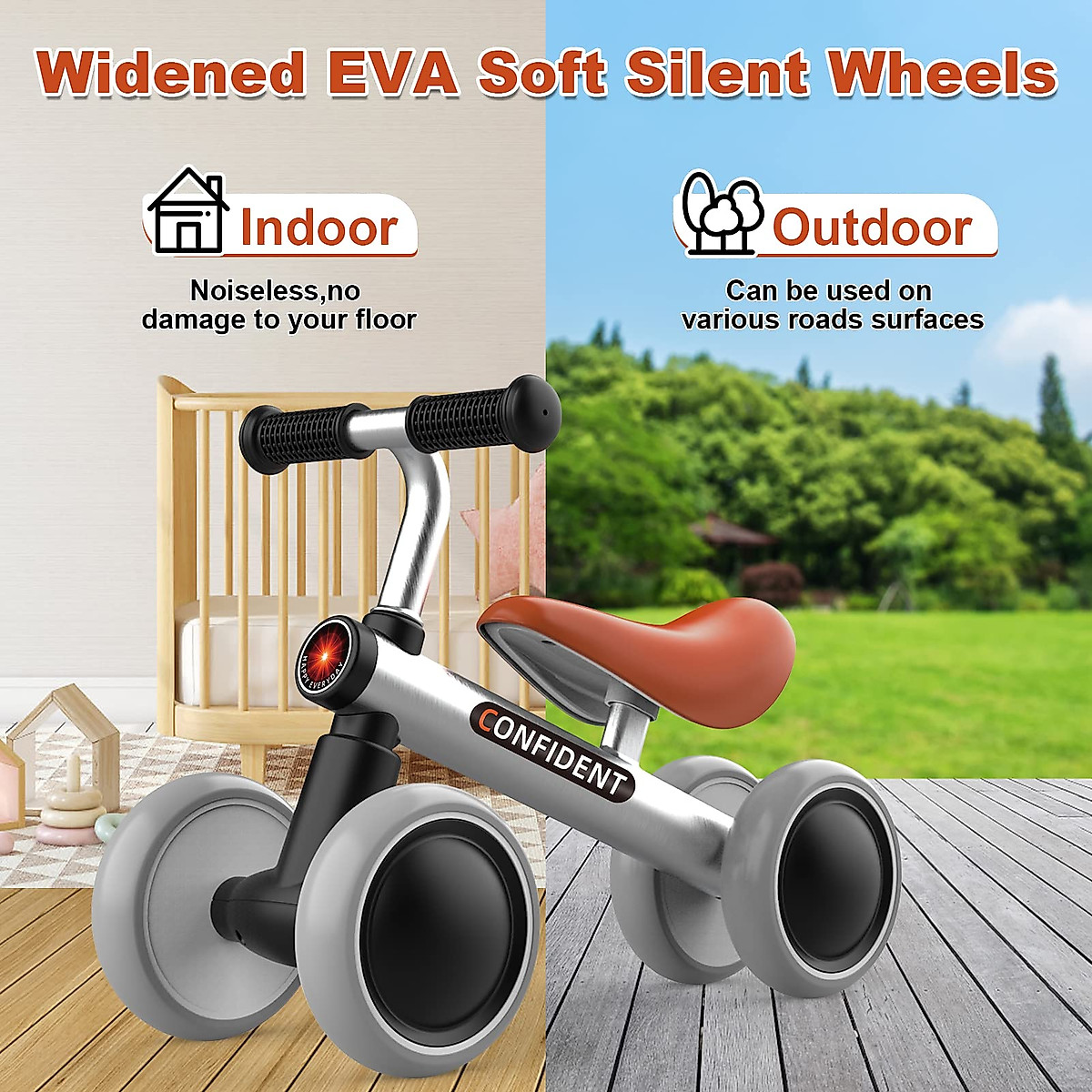 Baby Balance Bike for 1 Year Old Boys Girls Gifts, Baby Bicycle for 10-36 Months, Kids First Bike or Birthday Gift, Riding Toys for Toddlers 4 Silent Wheels No Pedal Bicycle with Steel Frame (Grey)