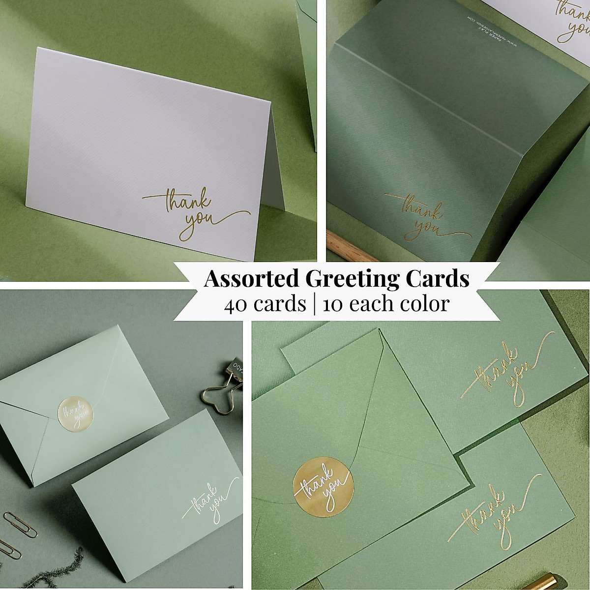 Gold Foil Thank You Cards - Bulk Pack of 40, 5x3.5 Inch with Matching Stickers & Envelopes (Green) Textured Surface for a Unique Feel - Suitable for Baby Shower, Wedding, Small Business, Graduation