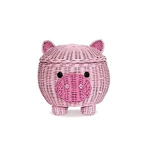 G6 COLLECTION Pig Rattan Storage Basket with Lid Decorative Bin Home Decor Hand Woven Shelf Organizer Cute Handmade Handcrafted Nursery Gift Animal Decoration Artwork Wicker Pink Piggy (Large)