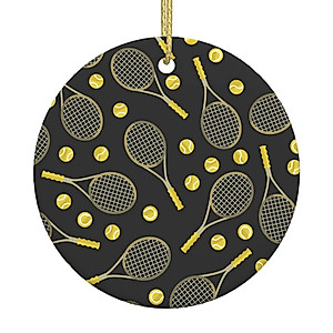 Funny Tennis Racquets and Tennis Balls Print Christmas Tree Ceramic Hanging Round Shaped Xmas Tree Pendants Gatherings Party Deco