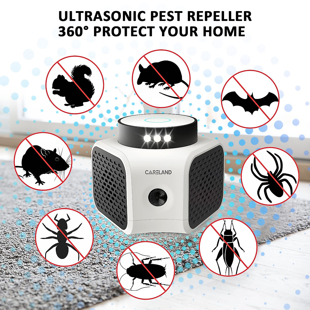 Careland Ultrasonic Pest Repeller Squirrel Repellent, 4 in 1 Rodent Repellent Plug-in Mouse Deterrent Emits Ultrasound Waves and LED Strobe Lights Indoor Use