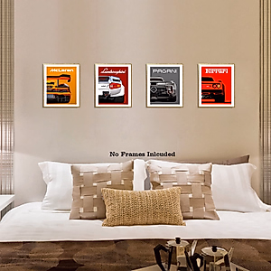 Modern Car Posters Classic Supercar Wall Art Prints, Cool Racing Ferrari Lamborghini McLaren Pagani Canvas Posters for Man Cave Boys Room Wall Decor, Sports Car Art Prints, Set of 4 (8"x10" Unframed)