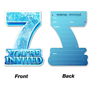20 Ice Queen 7th Birthday Party Invitations with Envelopes Double Sided Blue Winter Snowflake Shaped Fill-in Invitations Invites for 7 Year Old