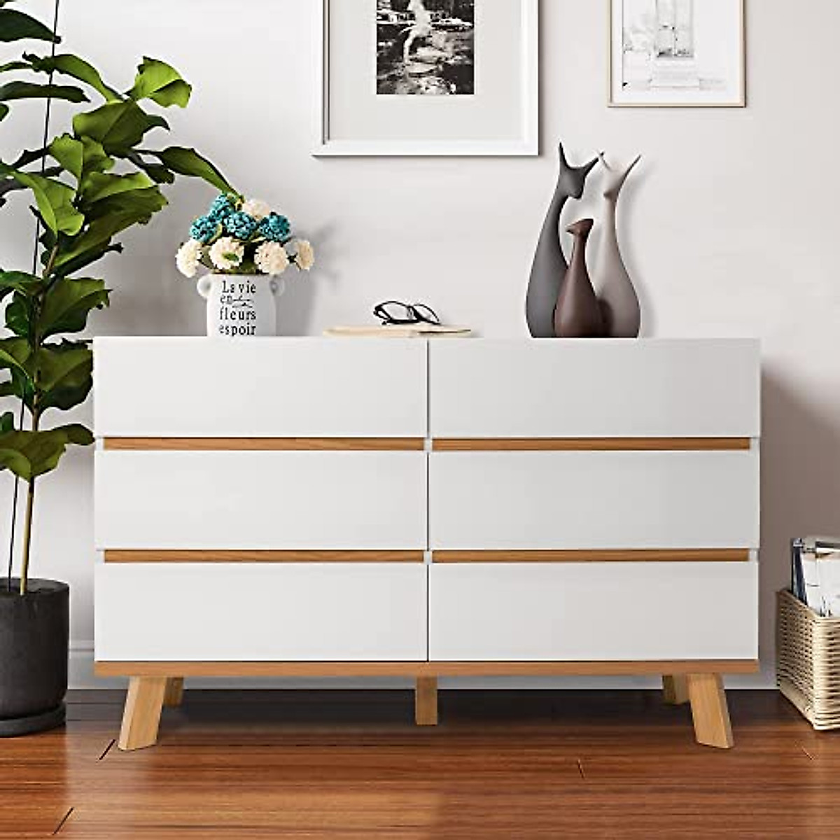 DHMAKER White Dresser, 6 Drawer Modern Double Dresser, Wide Chest of Drawers, Wooden Storage Cabinet for Bedroom, Entryway, Living Room, Hallway