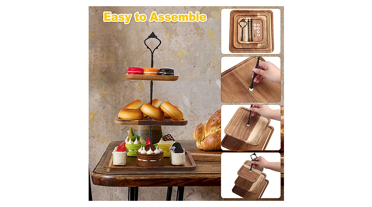 Rustic 3 Tier Serving Tray - Acacia Wooden Stand