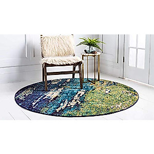 Unique Loom Estrella Collection Distressed, Landscape, Abstract, Modern, Earth Tones Area Rug (8' 0 x 8' 0 Round, Navy Blue/Green)