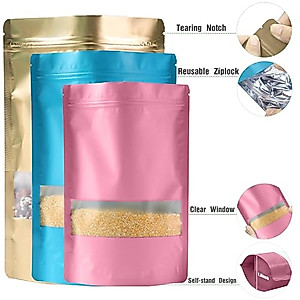 MENJITO 150 Pcs Stand-up Food Storage Bags with Window | 4.7"x7.8" Pink (50 Pcs), 5.9"x8.6" Blue (50 Pcs), 7.1"x10.2" Gold (50 Pcs) | Zip Lock Self-sealing Storage Bags | Reusable and Resealable