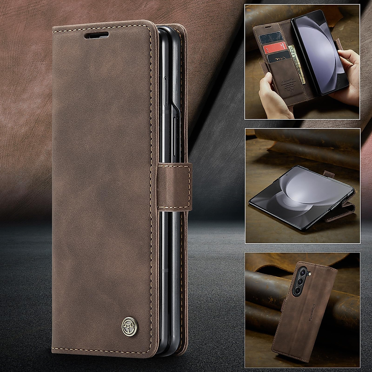 Kowauri for Samsung Galaxy Z Fold 5 Case,Classic Design Leather Wallet Magnetic Closure Flip Case with Kickstand Card Holder Slot Shockproof Protective Cover for Samsung Galaxy Z Fold 5 5G, Coffee