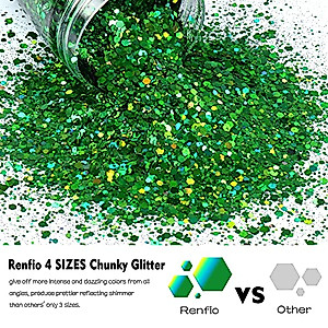 Renfio Holographic Chunky Glitter, 5.64 Oz 160g Extra Fine Glitter Powder Mixed Chunky PET Flake Sequins Bulk for Nail Art Resin Crafts Painting Festival Decor Slime Tumbler Candle - Laser Green