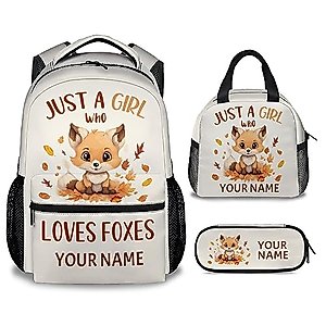 FUZZYFIT Personalized Fox Backpack with Lunch Box Set for Kids, 3 in 1 School Backpacks Matching Combo, Custom Cute Light Orange Bookbag and Pencil Case Bundle