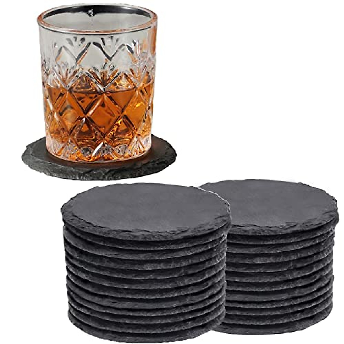 MAPRIAL 24 Pieces Slate Coasters, 4 Inch Round Coasters for Drinks Rustic Coasters Set Black Stone Coasters Bulk with Anti-Scratch Backing for Bar, Housewarming Gifts, DIY, Home Decor, Table, Cup