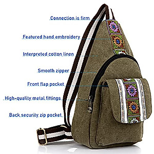 Canvas Messenger Bag,Embroidered Sling Bag,Casual Shoulder Bag,Crossbody Bags For Women,Retro Burglar Travel Backpack (Army Green)