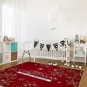 Area Rug Absorbent Non-Slip Rectangle Rug Merry Christmas Romantic Snowflake Red Rugs for Living Room Bedroom Kitchen Entryway, Soft Floor Mat Indoor Carpet Accent Rugs 2x3 Feet
