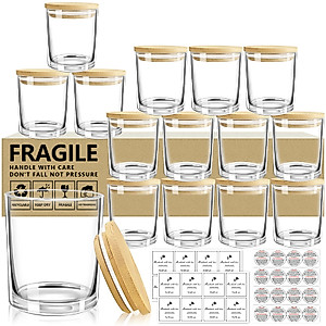 Artcome 16 Pcs Candle Glass Jars with Bamboo Lids Set for Making Candles - 16 7oz Empty Candle Jars, 16 Bamboo Lids, 16 Label Stickers, 16 Warning Labels, Dishwasher Safe