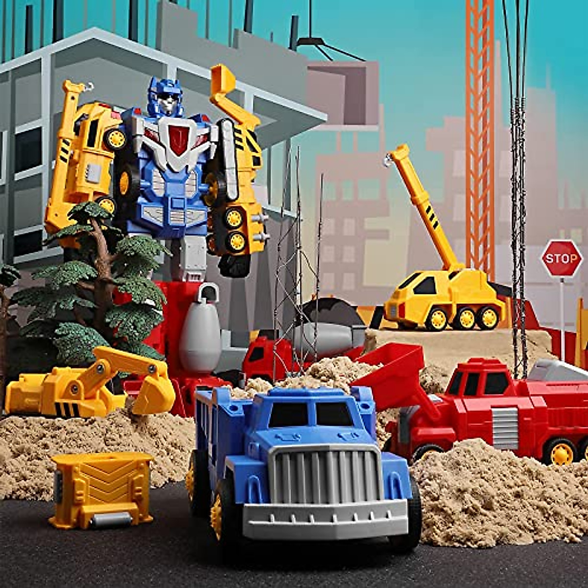 SNAEN Toys for 3 4 5 6 7 Year Old Boys - Construction Vehicles Transform Robot Kids Toys, STEM Building Toddler Toys for Kids Ages 4-8 w/Pull-Back Toys, 5-in-1 Trucks Gifts for Boys Girls