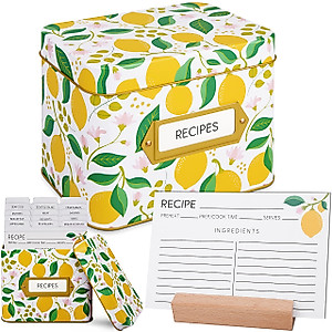 SAVEYON Lemon Recipe Box with Cards and Dividers - 60 Lemon Decor Recipe Card Gift Box with 15 Recipe Card Dividers and Wooden Recipe Card Holder | Lemon Recipe Card Box, Lemon Recipe Tin