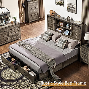 VanAcc King Size Bed Frame, Wooden Platform Storage Bed with 51.2" Bookcase Headboard, 2 Drawers, Charging Station/No Box Spring Needed/Noise Free(Rustic Grey)