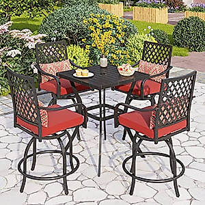 PHI VILLA Patio Bar Set, 5 pcs Outdoor Metal Bar Set with 4 Swivel Cushioned Stools & 31" Square Patio Bar Table with Umbrella Hole, Outdoor Furniture Set for Patios Backyard, Porches or Garden