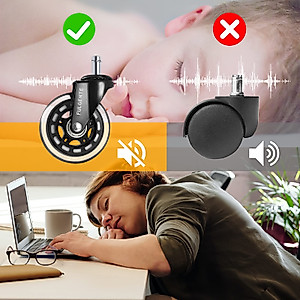 Fulgente Office Chair Caster Wheels(Set of 5), Heavy Duty Protection for Hardwood & Tile Floors Without Mat, Replacement Rubber Chair Casters Universal Fit 7/16 inch -Quick & Quiet Rolling Over Cables