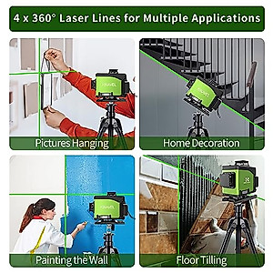 KINAVEL Laser Level 4x360 Self Leveling 16 Lines Green Beam 4D Cross Professional Line Laser Tool Pulse Mode for Construction Tiling Picture Hanging with 2 Batteries, Remote Controller, Lifting Base