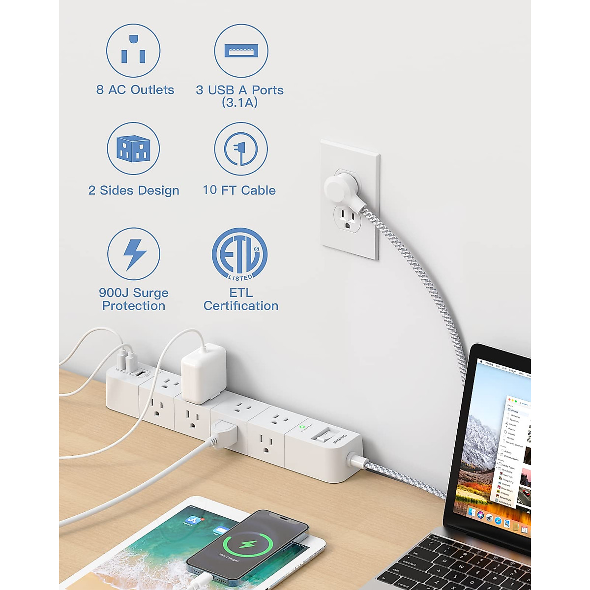 Power Strip Surge Protector with USB Ports and 8 Widely Outlets, 5Ft Extension Cord with Flat Plug, 3 Sided Wall Outlets Extender USB Desktop Charging Station for Home Office Travel, 900J, ETL