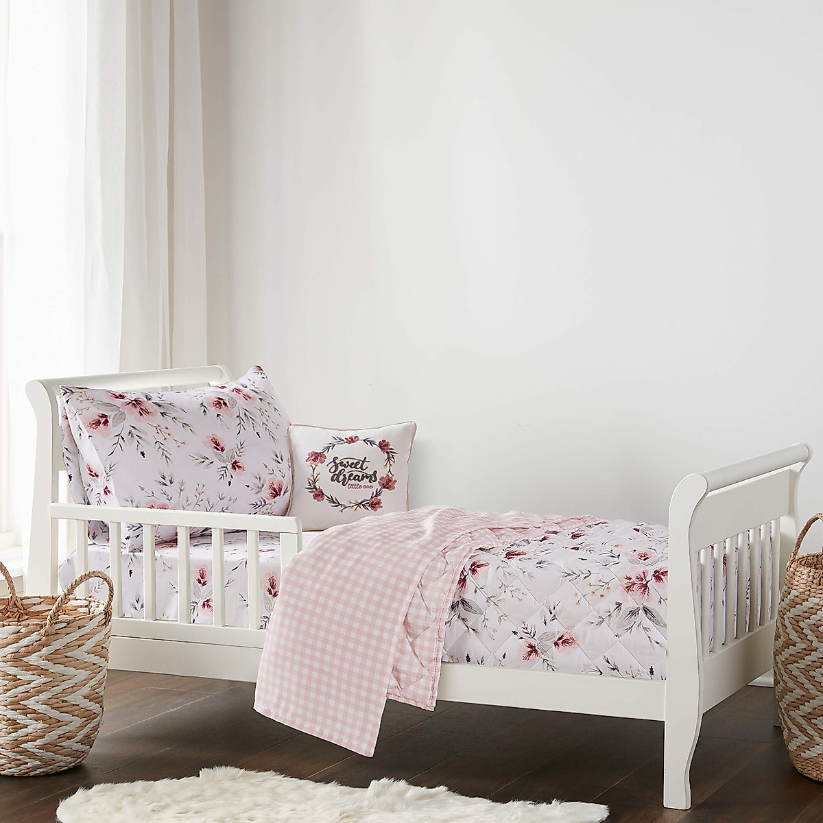 Levtex Baby - Adeline Toddler Bed Set - Blush, Pink, Grey and White - Classic Floral - 5 Piece Set Includes Reversible Quilt, Fitted Sheet, Flat Sheet, Pillow Case, Decorative Pilow