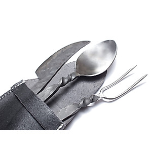 Handforged Medieval Cutlery Set - Stainless Steel Knife, Fork and Spoon Set - Includes Genuine Leather Utensil Pouch