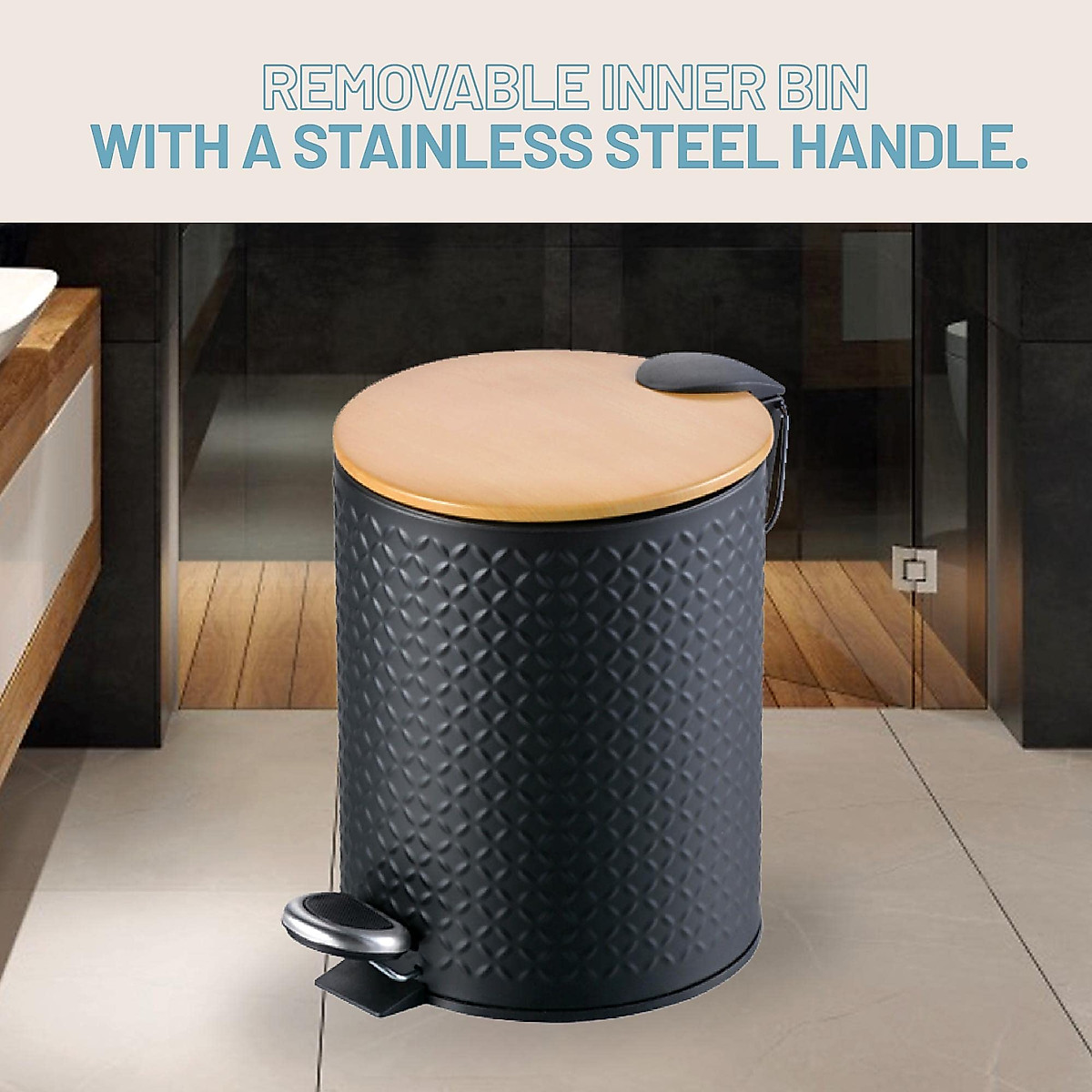 AWENN - Kitchen Garbage Trash Can with Wooden Lid and Pedal - Touchless Round Shape Waste Bin - Stainless Steel Dustbin for Kitchen, Bathroom, Office and Outdoors – Black (1.3 Gallon – 5 Liters)