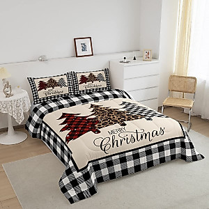 Merry Christmas Kids Comforter Set Queen Size,Xmas Tree Rustic Bedding Set,Girls Boys Adults Bedroom Decor,Geometric Grid Patchwork Down Comforter,Black White Stylish Duvet Insert,3pcs,2 Pillowcases