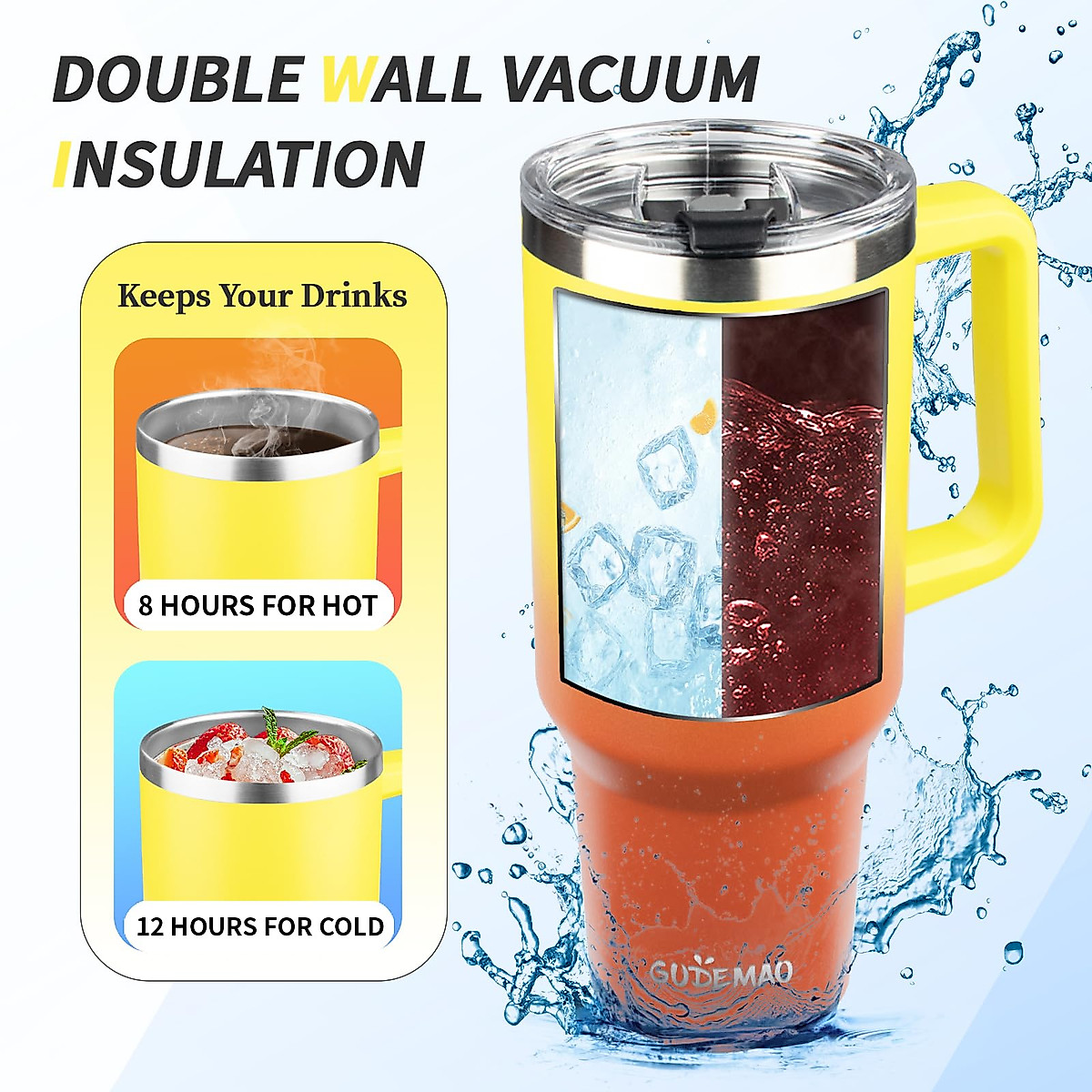 GUDEMAO 40 oz Tumbler with Handle, Insulated Tumbler with Lid and Straw, Reusable Stainless Steel Vacuum Insulated Cup, 100% Leak Proof Thermal Travel Coffee Mug Cup for Cold and Hot (Gold Orange)