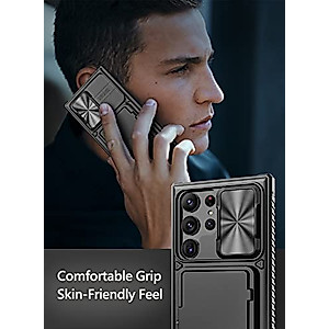 Vihibii Case with Card Holder (4 Cards) & Sliding Camera Cover & Kickstand, Shockproof Rugged Hard Back & TPU Edge Wallet Case for Samsung Galaxy S23 Ultra 5G 6.8" 2023 , Black
