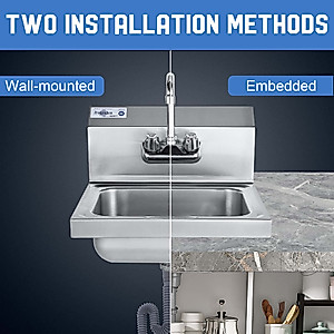 Profeeshaw Stainless Steel Sink Commercial Wall Mount Hand Washing Basin NSF Certified, with Gooseneck Faucet and Backsplash, for Restaurants, Stores, Bars and Home, 17" x 15"